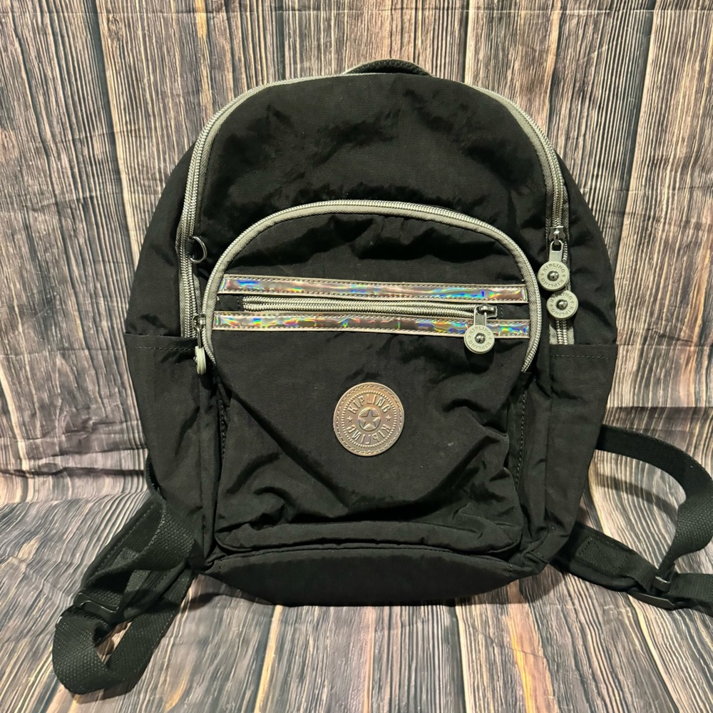 Kipling Seoul Backpack Black Nylon Rose Gold Zippers - Gem
